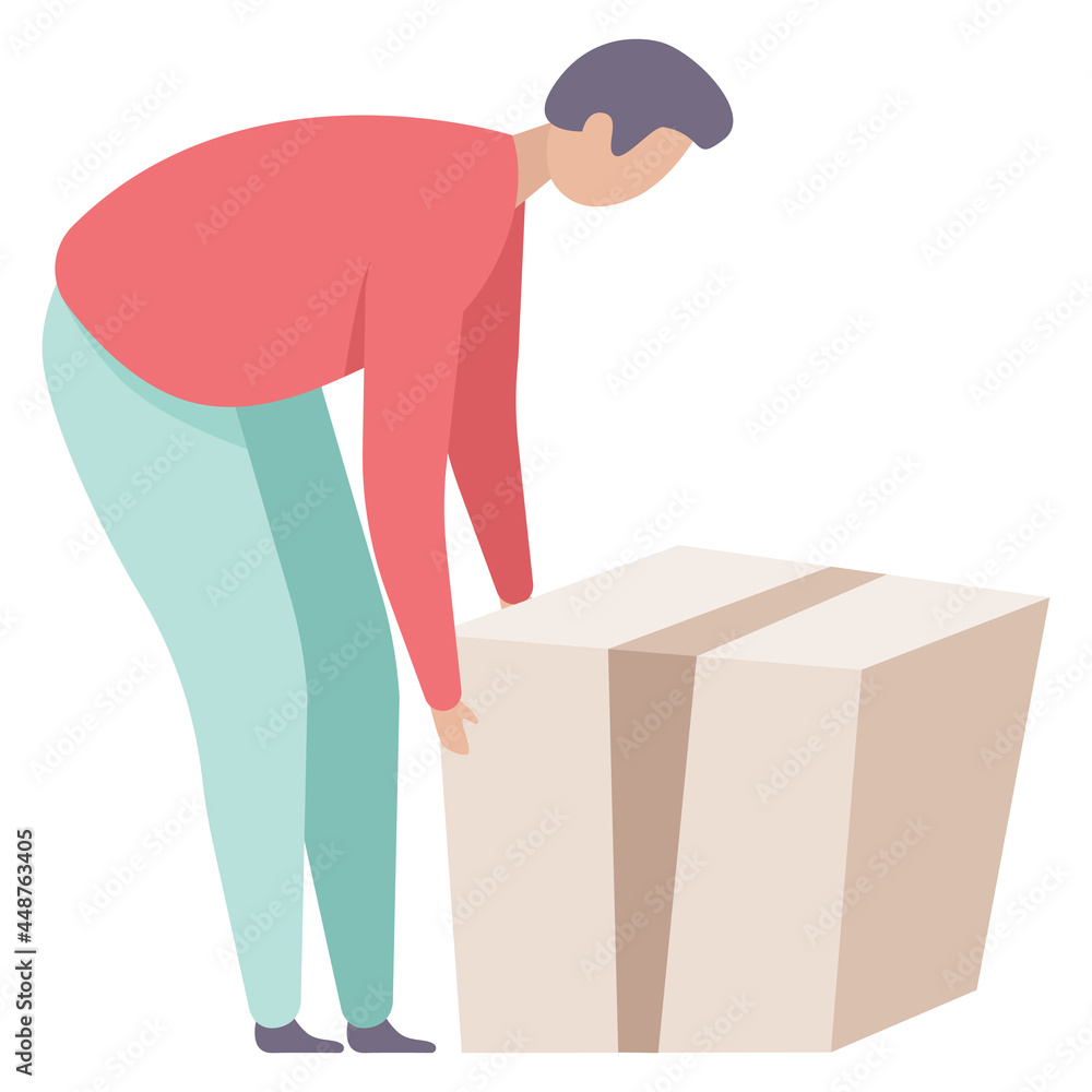 Man lifting cardboard boxes. a man picks up a box from the floor. flat ...