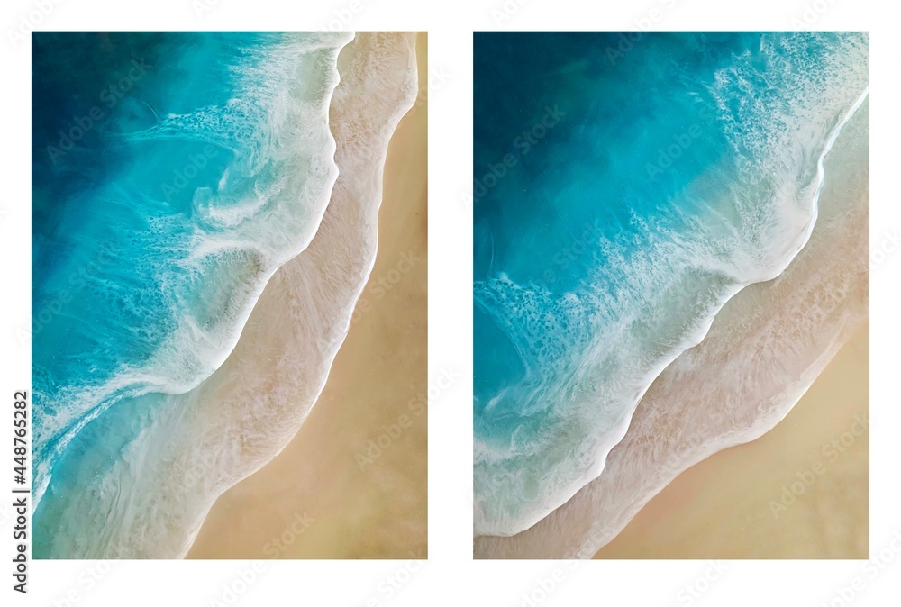 Aerial view of sea wave with white foam and light beige sand. Fluid ...