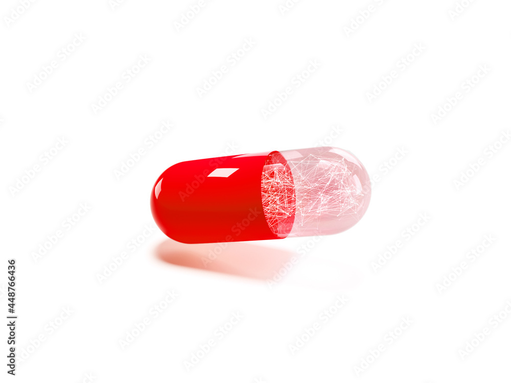 Medical pill with molecular structure inside the capsule. Bio and ...