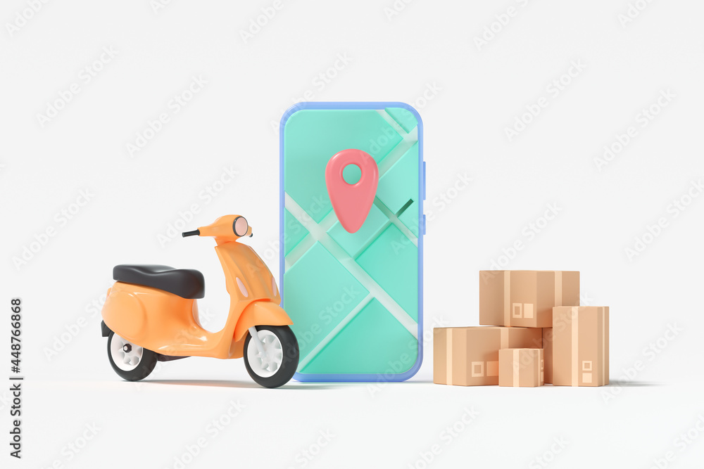 3D Fast delivery service concept. delivery scooter with smartphone GPS ...