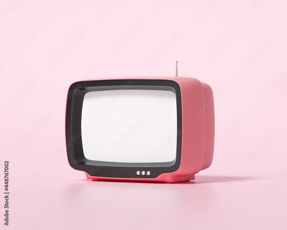 3d pink retro television on pink background, vintage old tv receiver ...