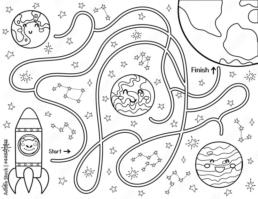 Help cute frog in a rocket find a way to the planet Earth. Black and ...