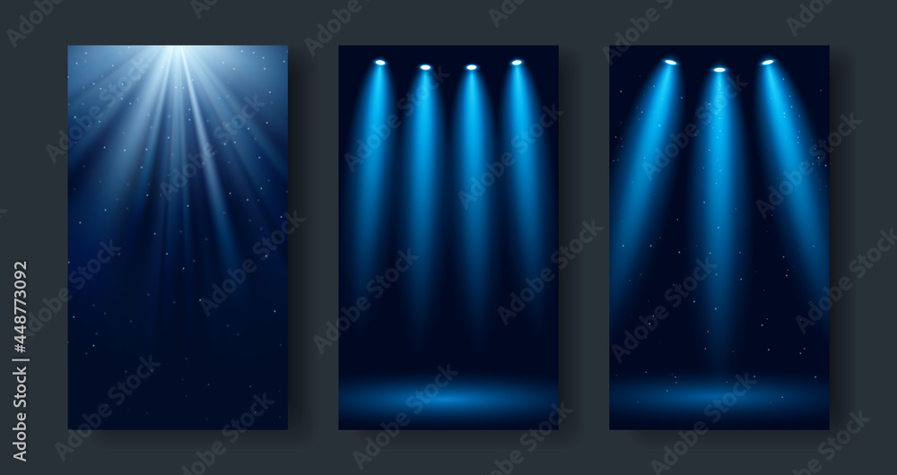 Set of dark blue backgrounds with glowing spotlights and light rays ...