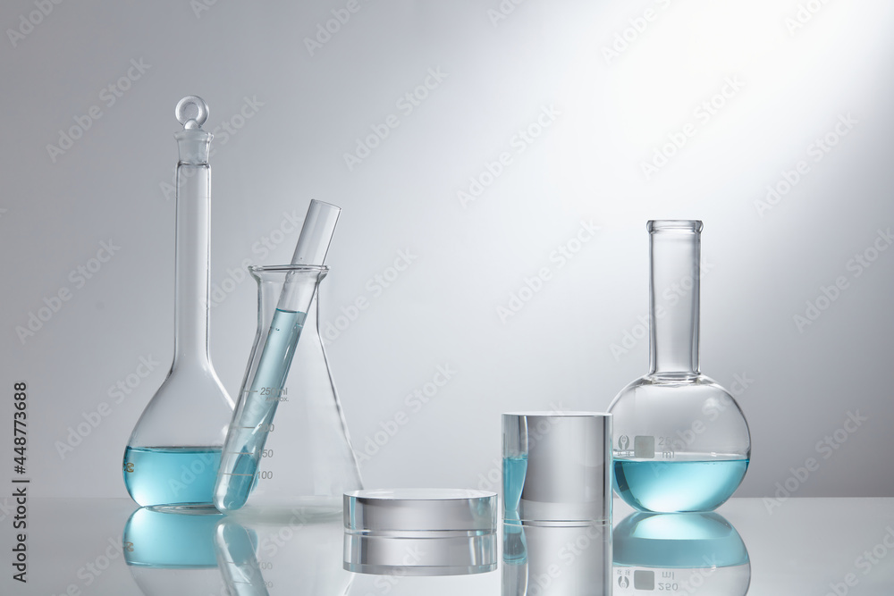 Stage showcase cosmetics on glass pedestal modern in laboratory ...