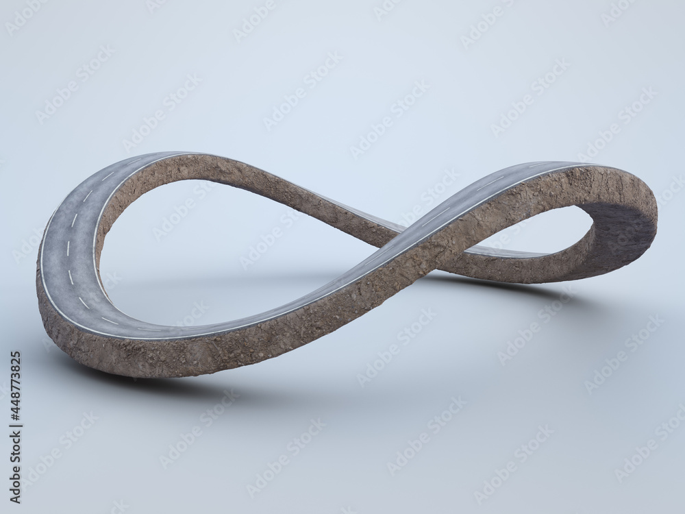 3D rendering of infinity symbol road in adventure route concept. Earth ...