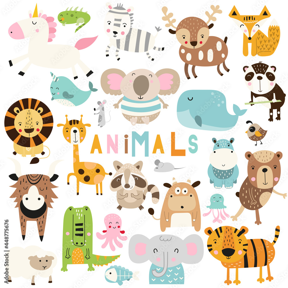 Safari woodland animals clipart isolated set. Jungle animals and sea ...