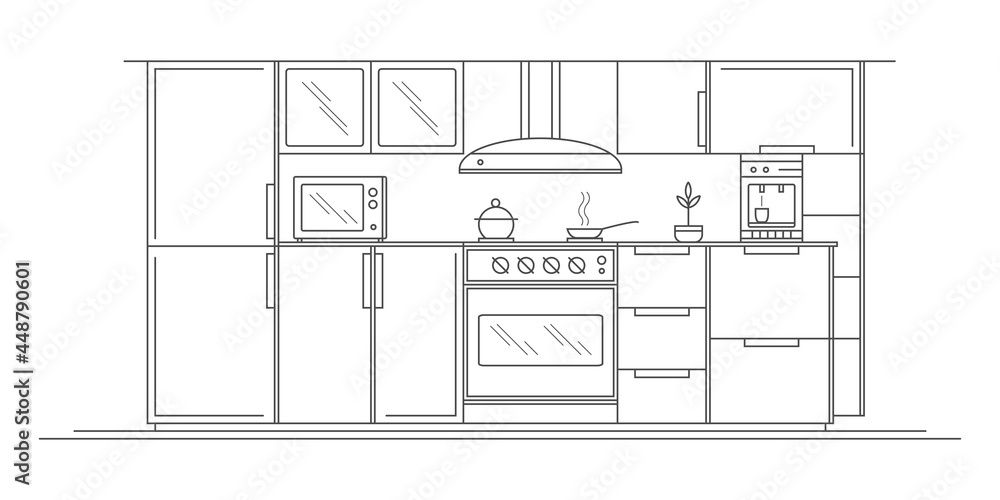 Interior sketch of a kitchen room.Food preparation.Modern home ...