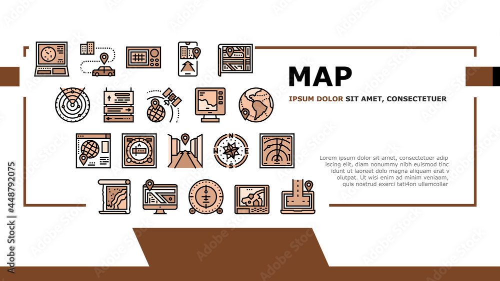 Map Location System Landing Web Page Header Banner Template Vector. Map ...