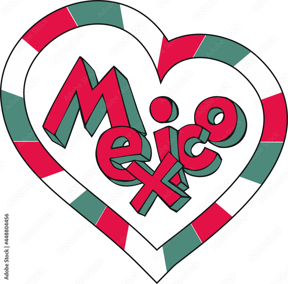 Hand-drawn lettering Mexico in a frame in the form of a heart in the ...