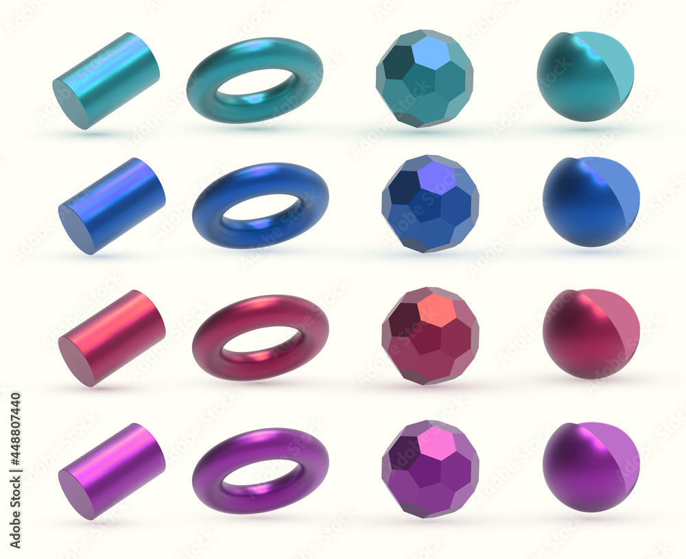 Realistic 3D colorful metal Geometric Shapes Objects. Realistic ...