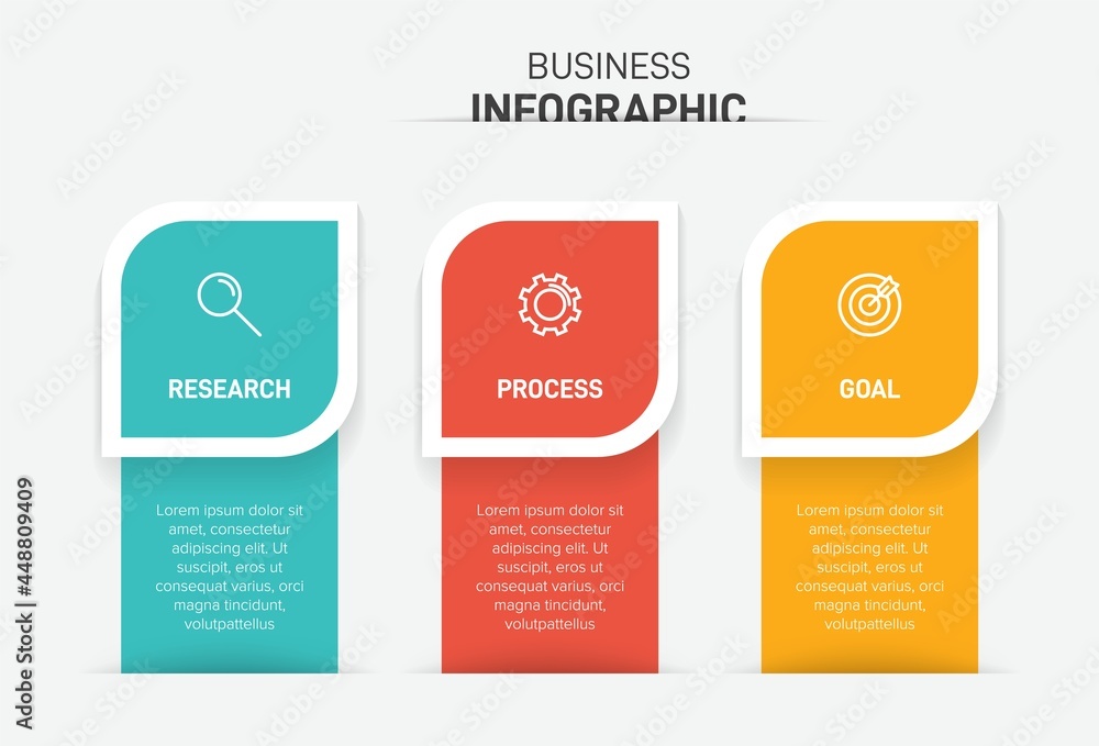 Concept of arrow business model with 3 successive steps. Three colorful ...