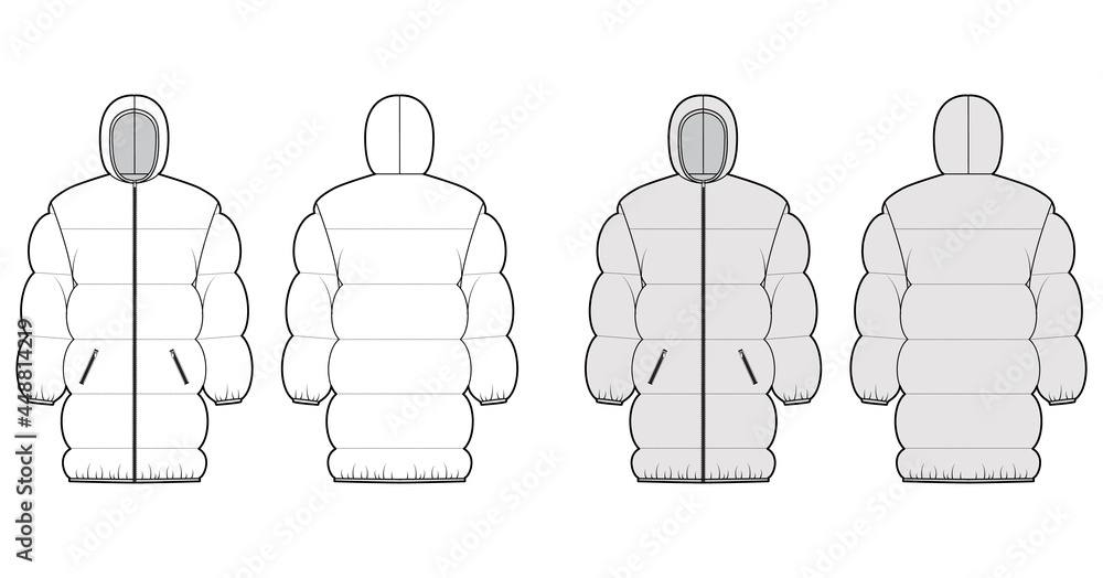 Down puffer jacket coat technical fashion illustration with hoody ...