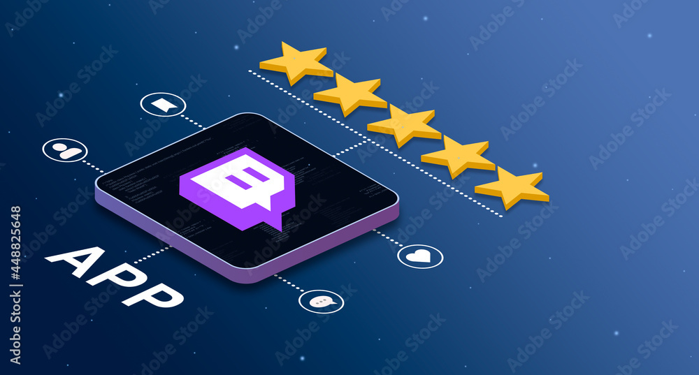 Twitch application icon with a 5-star rating and social activity badges ...