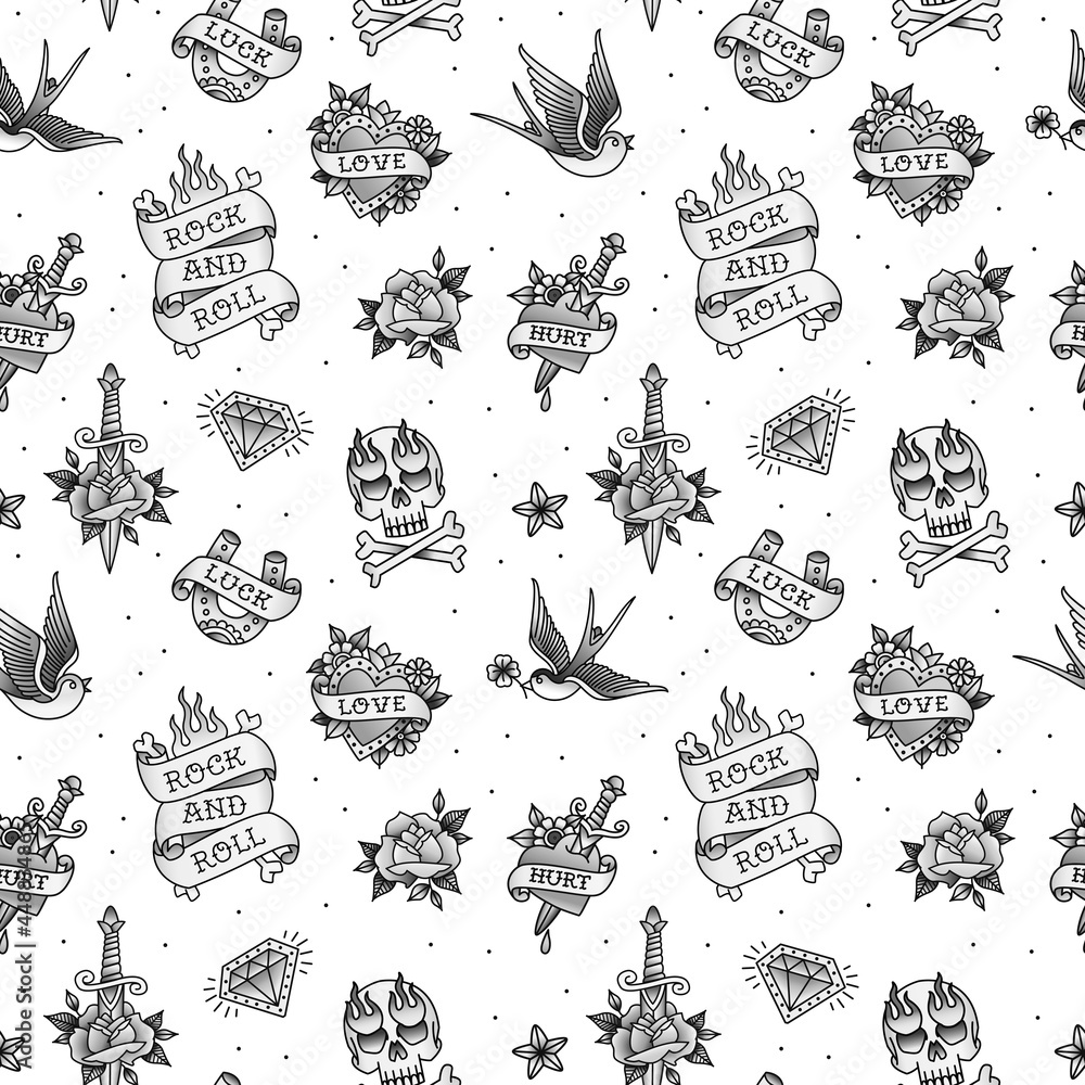 Old School Traditional Tattoo Elements Monochrome Pattern On White old-school-traditional-tattoo-elements-monochrome-pattern-on-white