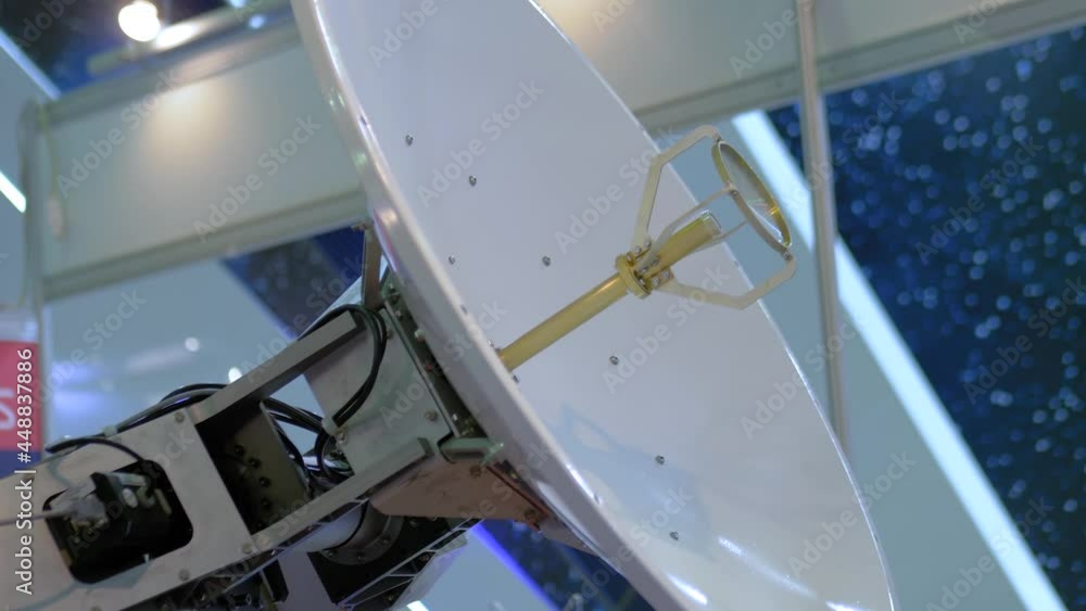 White rotating satellite dish antenna, VSAT parabolic receiver using to ...