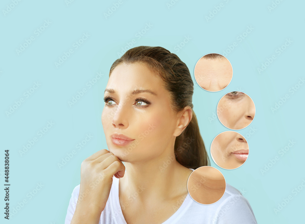 Aging. Mature woman-young woman.Face with skin problem.Showing photos ...