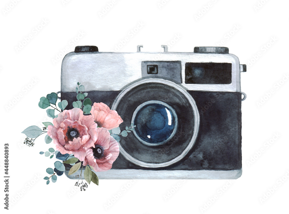 Watercolor illustration with a camera and beautiful pink flowers and ...