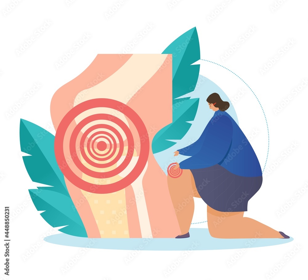 Joint pain concept. Woman complains of pain in knee joint. Discomfort ...