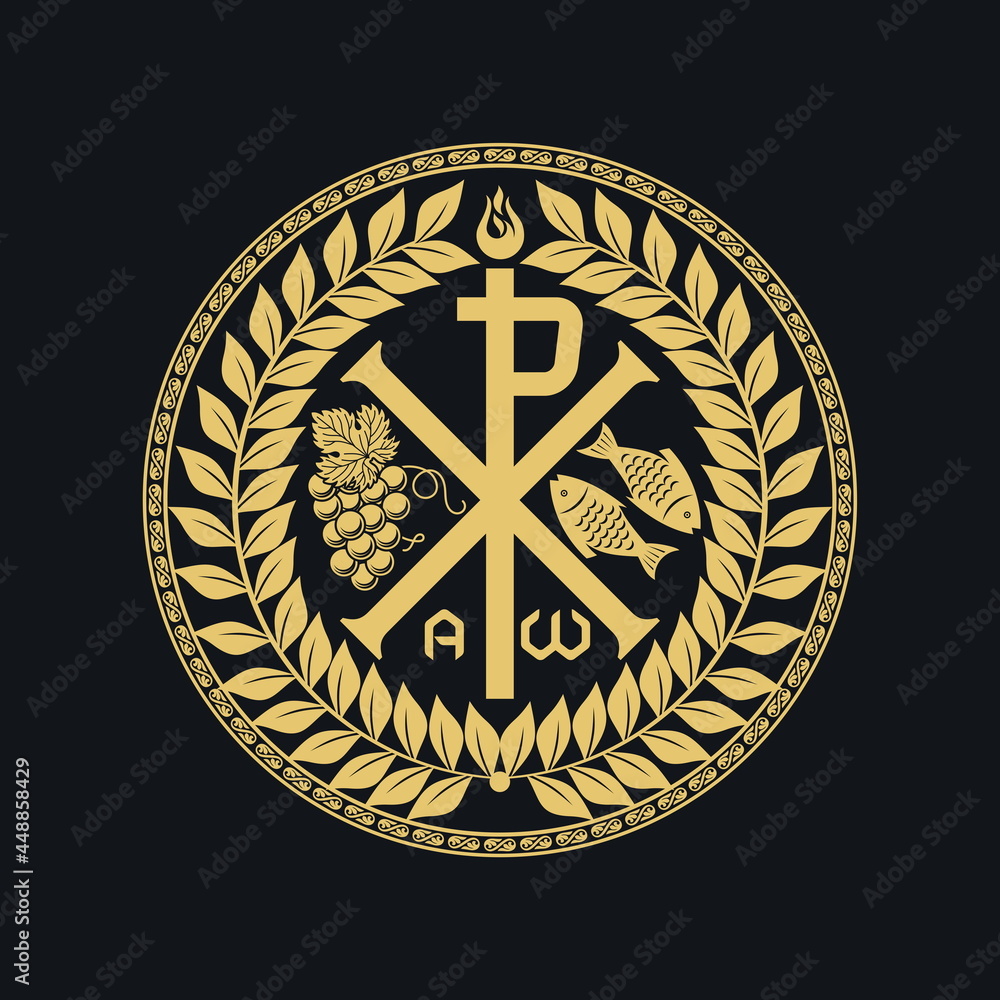 Christian illustration. Monogram of Jesus Christ - Chrismon. The fish ...