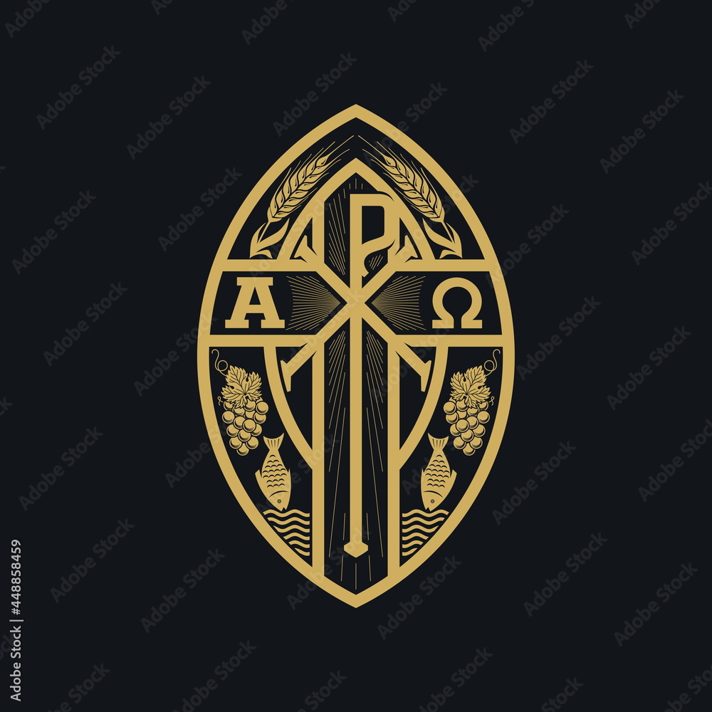 Christian illustration. Monogram of Jesus Christ - Chrismon. The fish ...