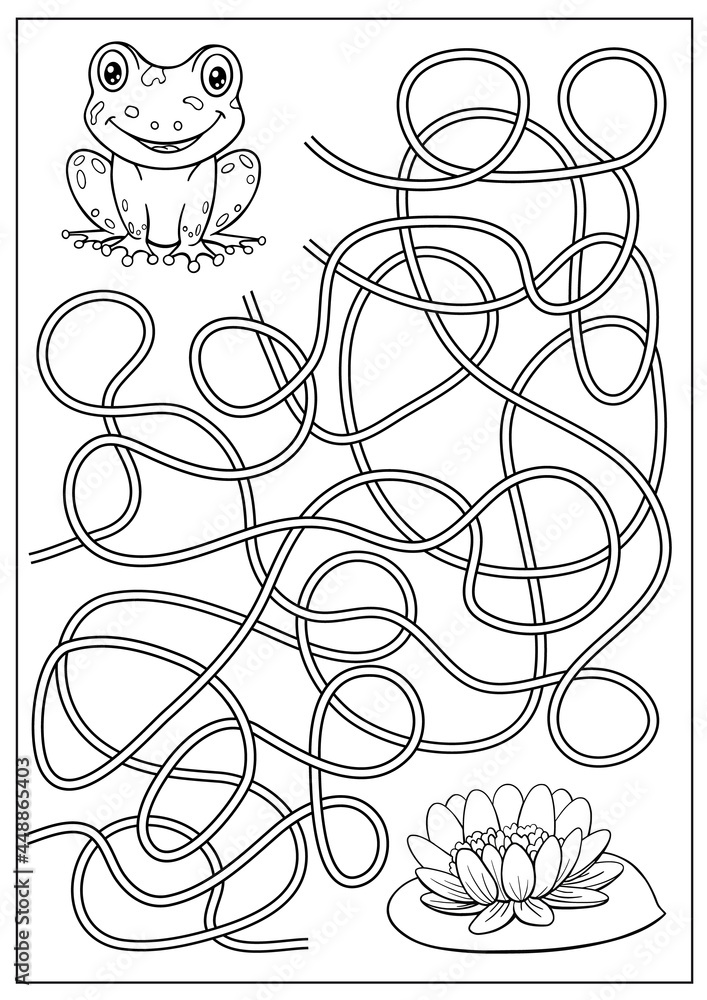 Maze game and coloring page with cute frog. Cartoon labyrinth education ...