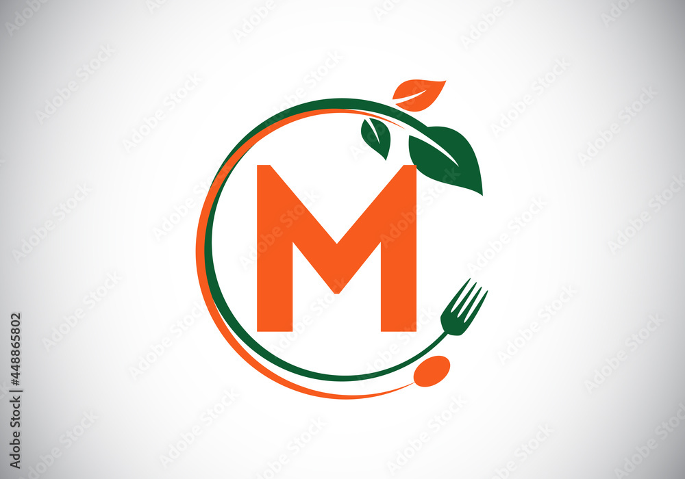 Initial M monogram alphabet with a fork, spoon, and leaf. Healthy ...