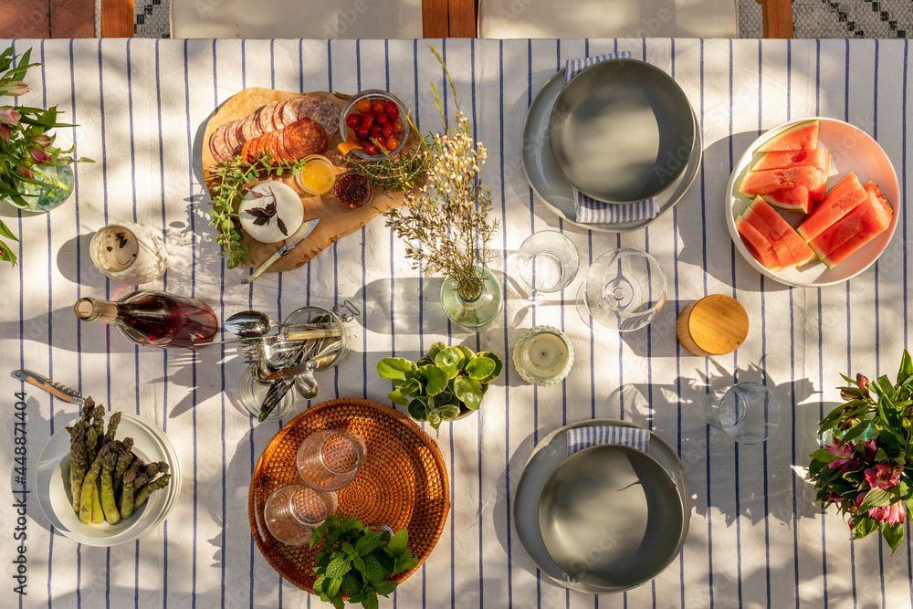 Overhead Still Life of an Outdoor Patio Lunch Spread Stock Photo ...