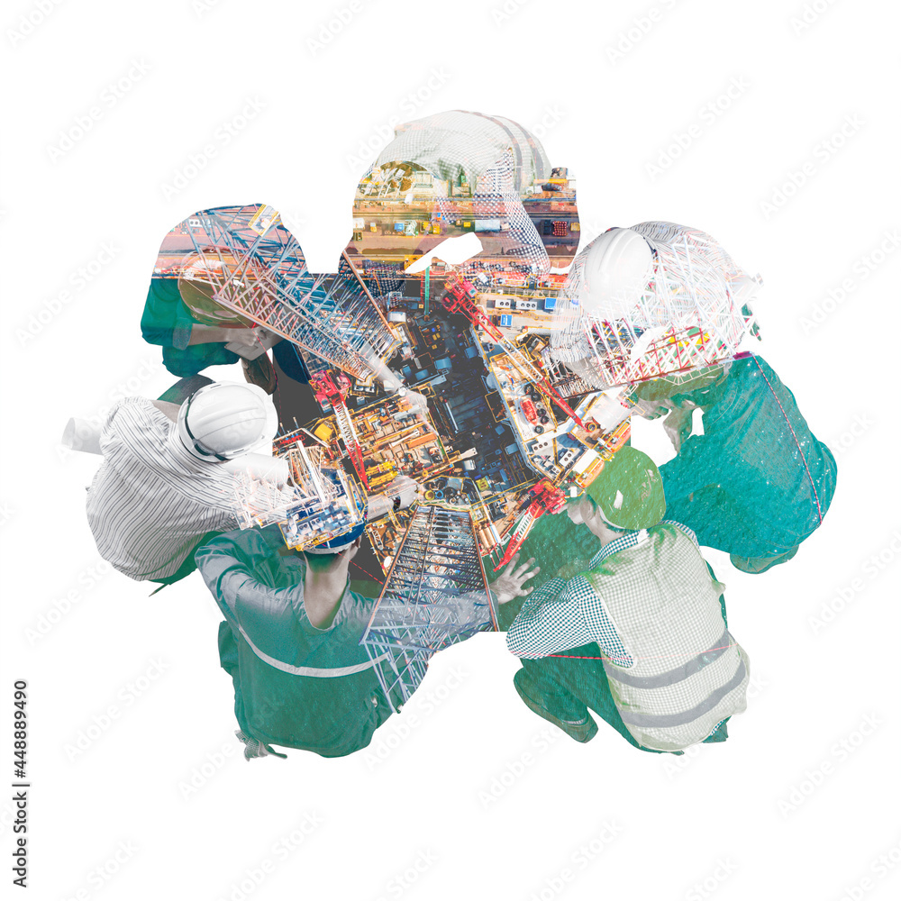 Group of Architects engineer working with Oil Drilling Rig top view ...