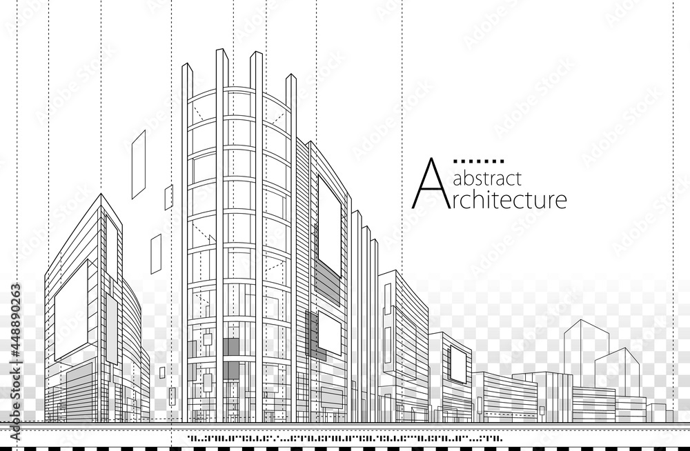 3D illustration linear drawing. Imagination architecture urban building ...