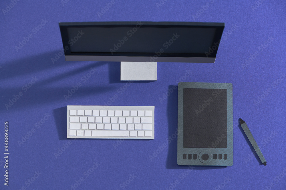 Top view of workspace with computer Stock Photo | Adobe Stock