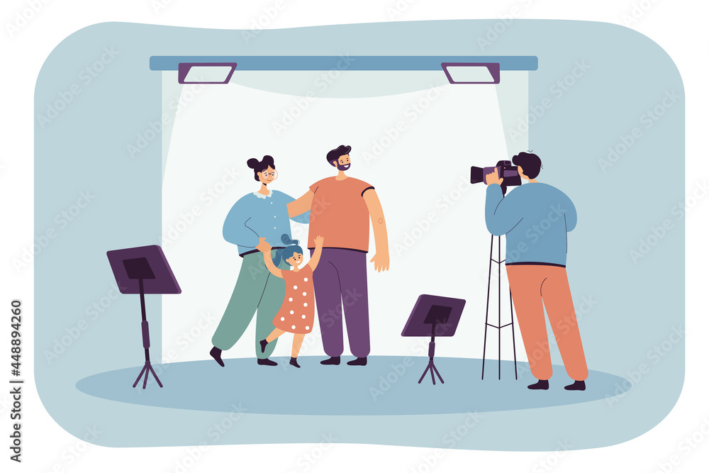 Cartoon photographer taking photo of parents and kid in studio. Flat ...