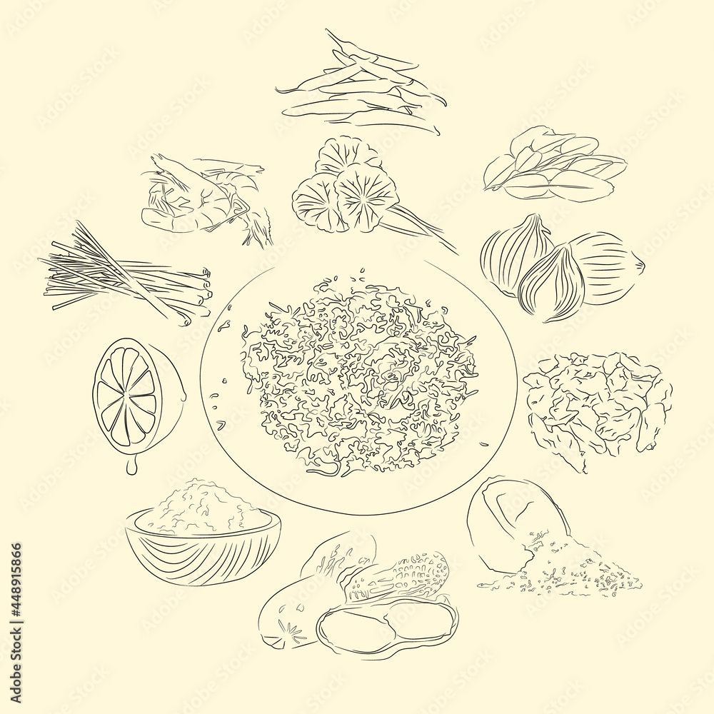Sambal Oen Pegagan And Ingredients Illustration Sketch Style ...