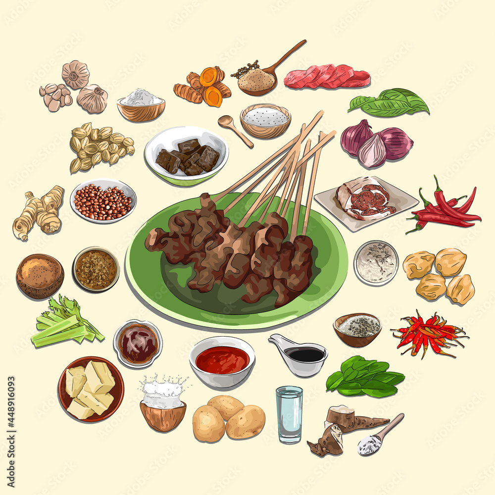 Sate Matang And Ingredients Illustration, Sketch And Vector Style ...