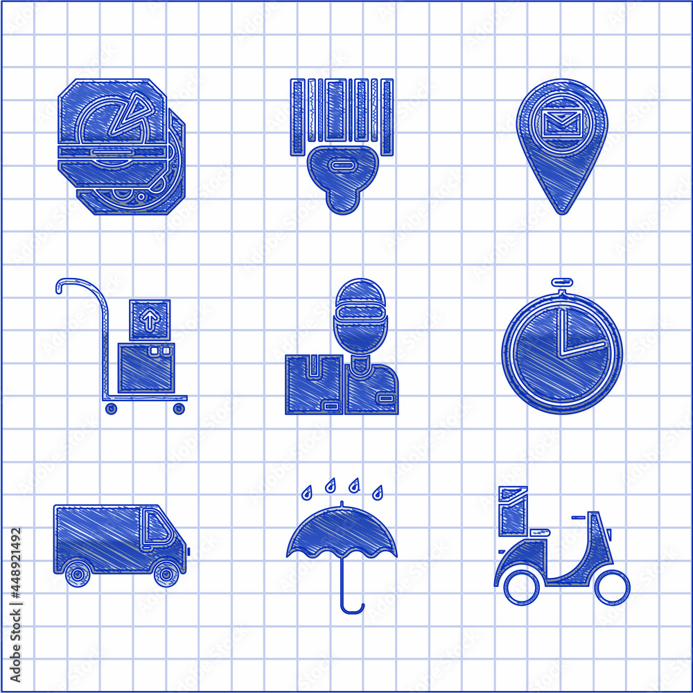 Set Delivery man with cardboard boxes, Umbrella and rain drops, Scooter delivery, Stopwatch ...