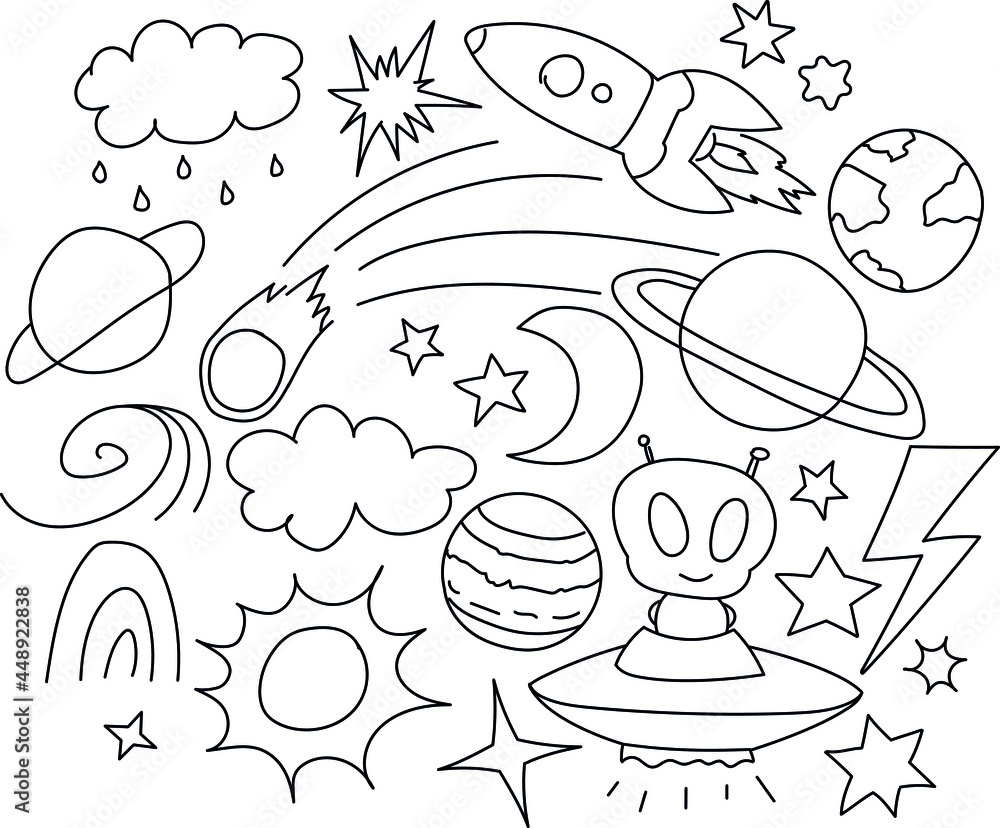 Vector illustration of cute doodles on the theme of space, A hand-drawn ...