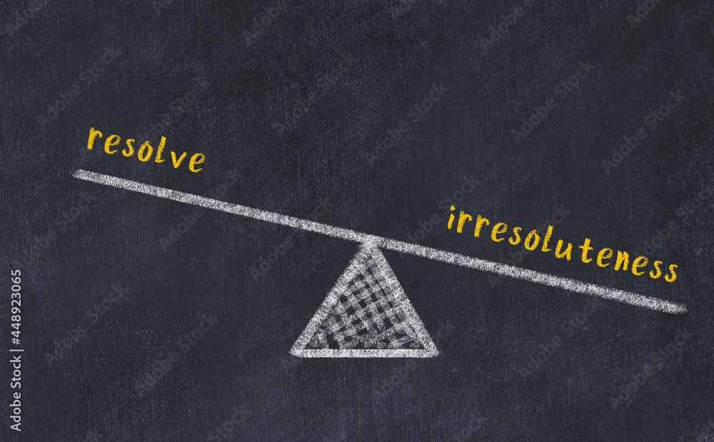 Chalk drawing of scales with words resolve and irresoluteness. Concept ...