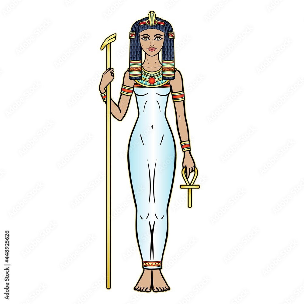 Animation color portrait Ancient Egyptian Goddess holds symbols of ...