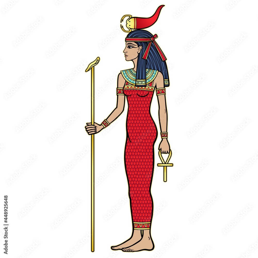 Animation portrait Ancient Egyptian goddess Selket holds symbols of ...