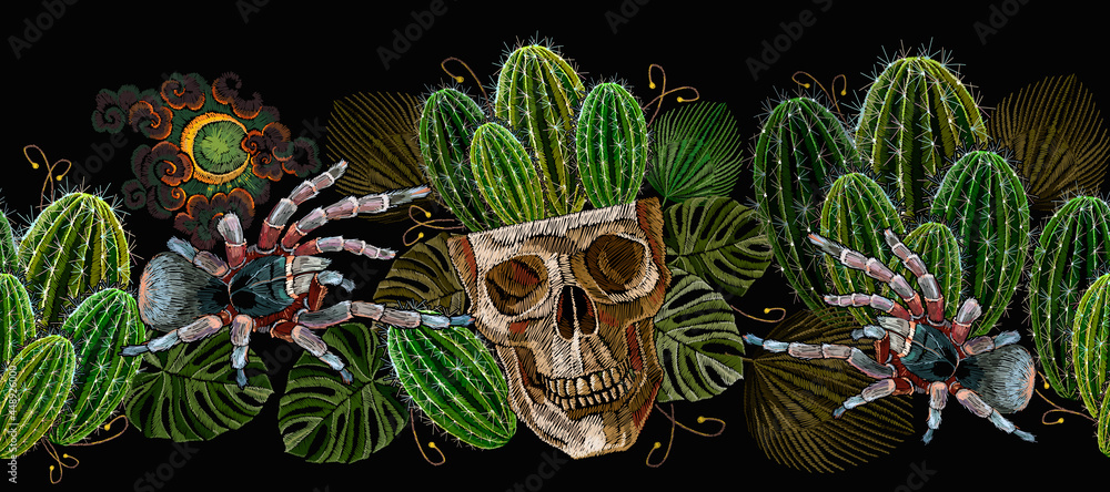 Human skull, cactus and spider tarantula seamless patteern. Embroidery ...