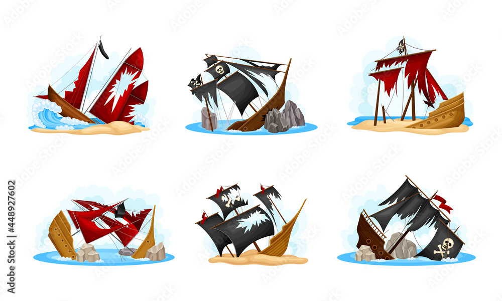 Wreckage of Pirate Ship or Vessel with Ripped Black and Red Sail Vector ...