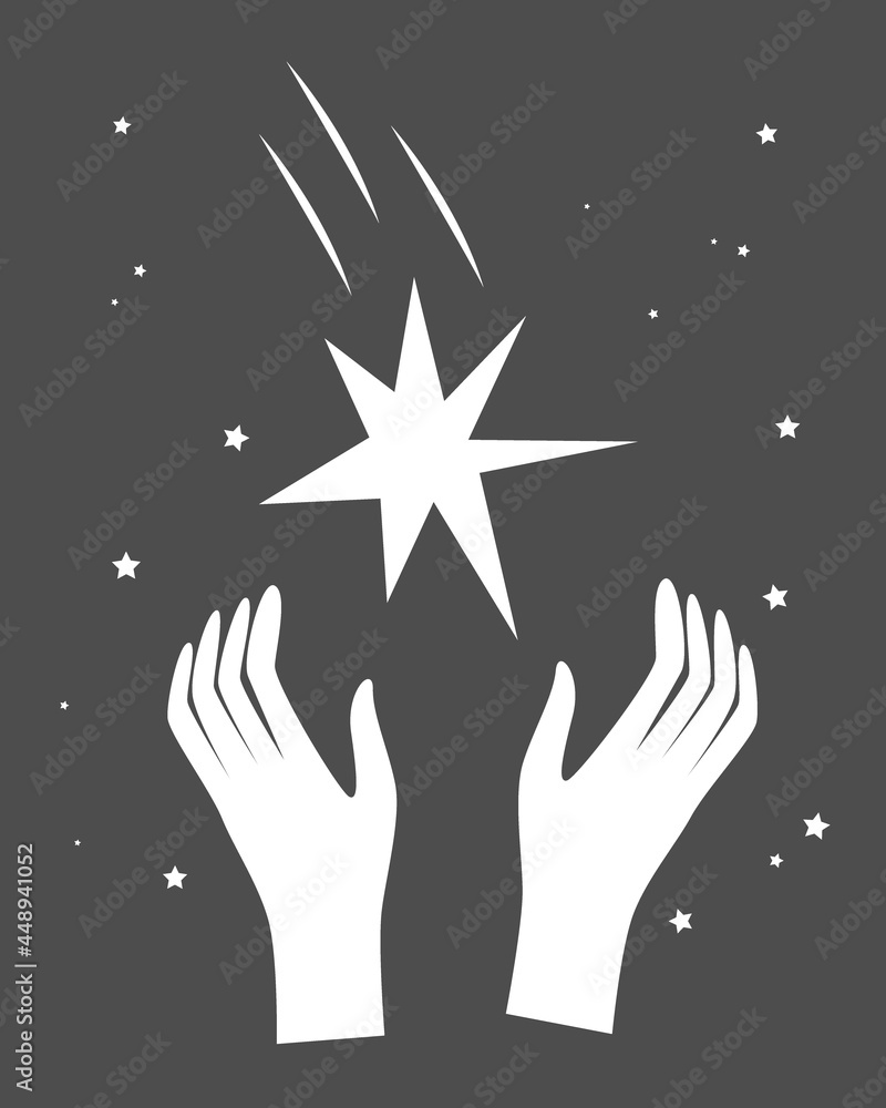 Cartoon illustration of hands reaching grabbing a shining star ...