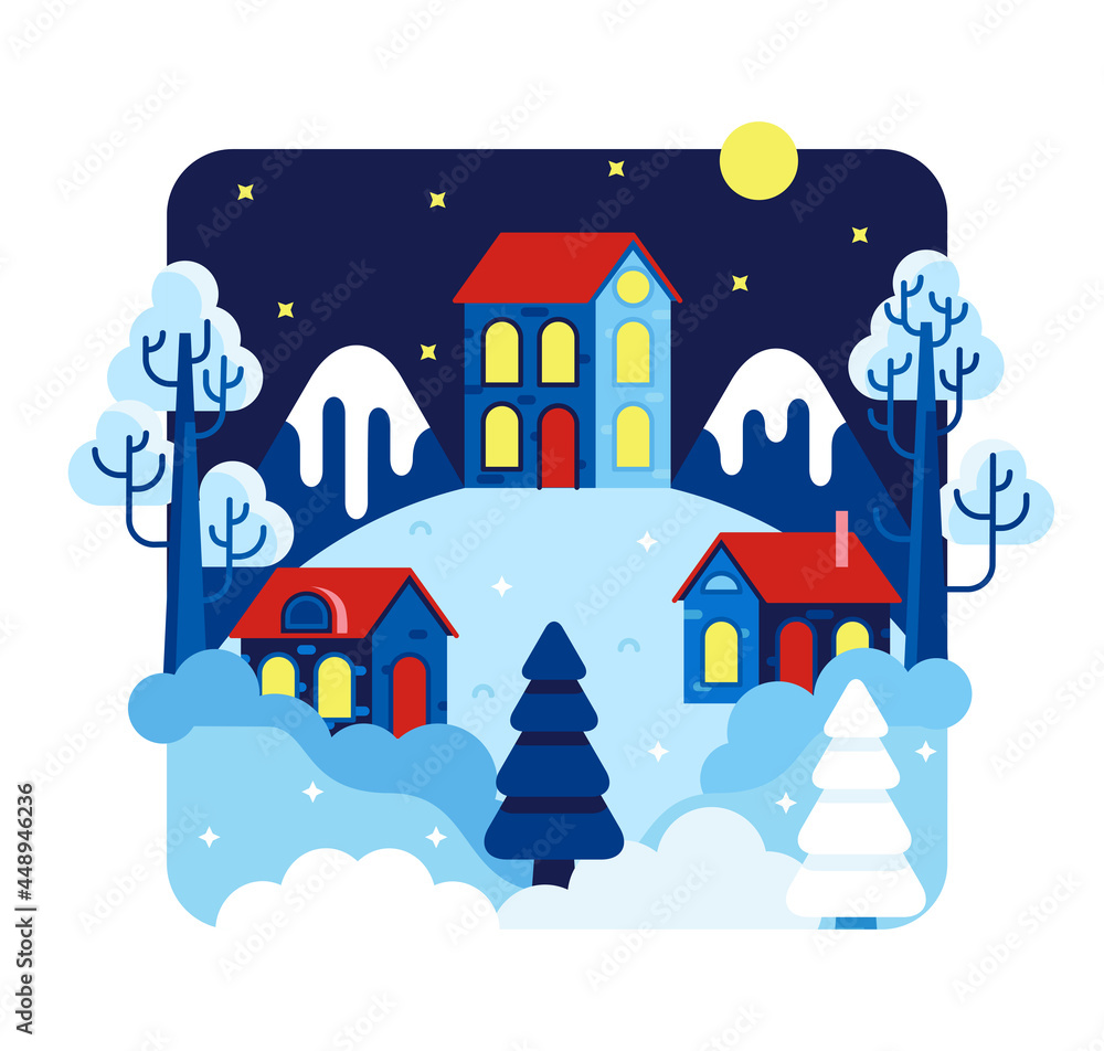 Vetor de Three houses with red roofs on a hill, the moon and stars in ...