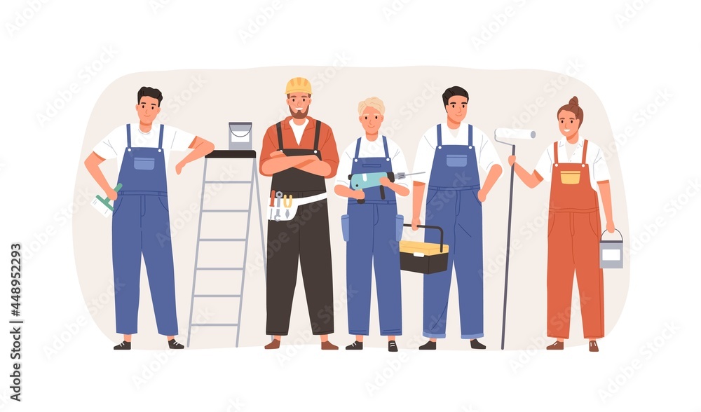 Team of workers with tools and equipment for home repair. Group of ...