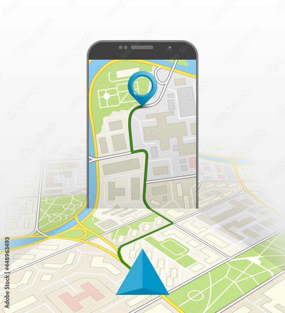 City map route navigation smartphone, phone point marker, application ...