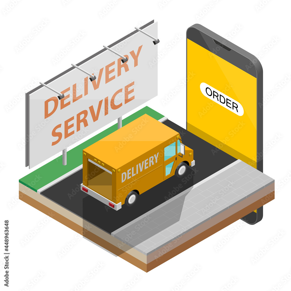 Isometric city map navigation phone point delivery van, app isometric ...
