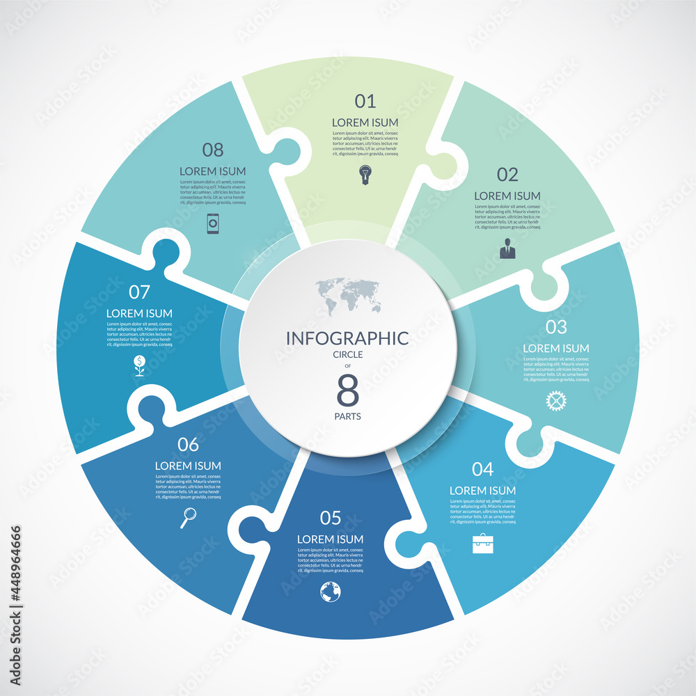 Vector infographic puzzle circular template. Cycle diagram with 8 parts ...