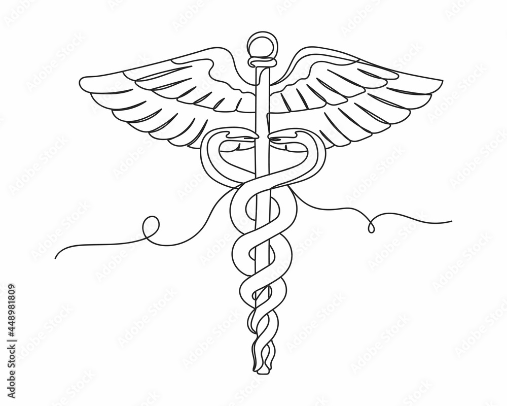 Continuous one line drawing of caduceus medical symbol in silhouette on ...