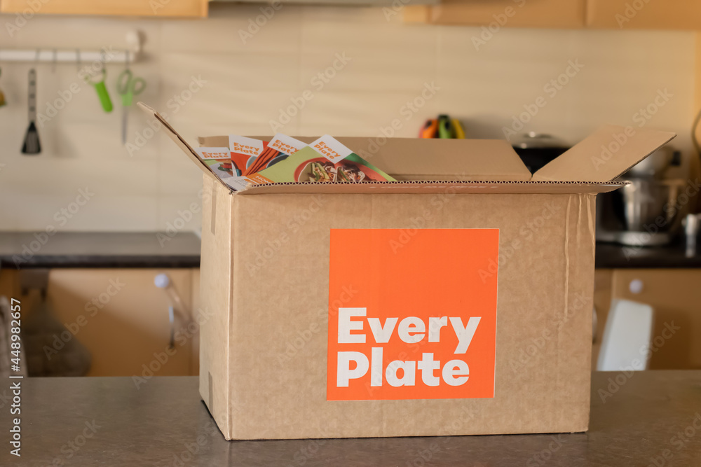 Sydney, Australia 2021-07-17 Every plate meal kit in a cardboard box on ...