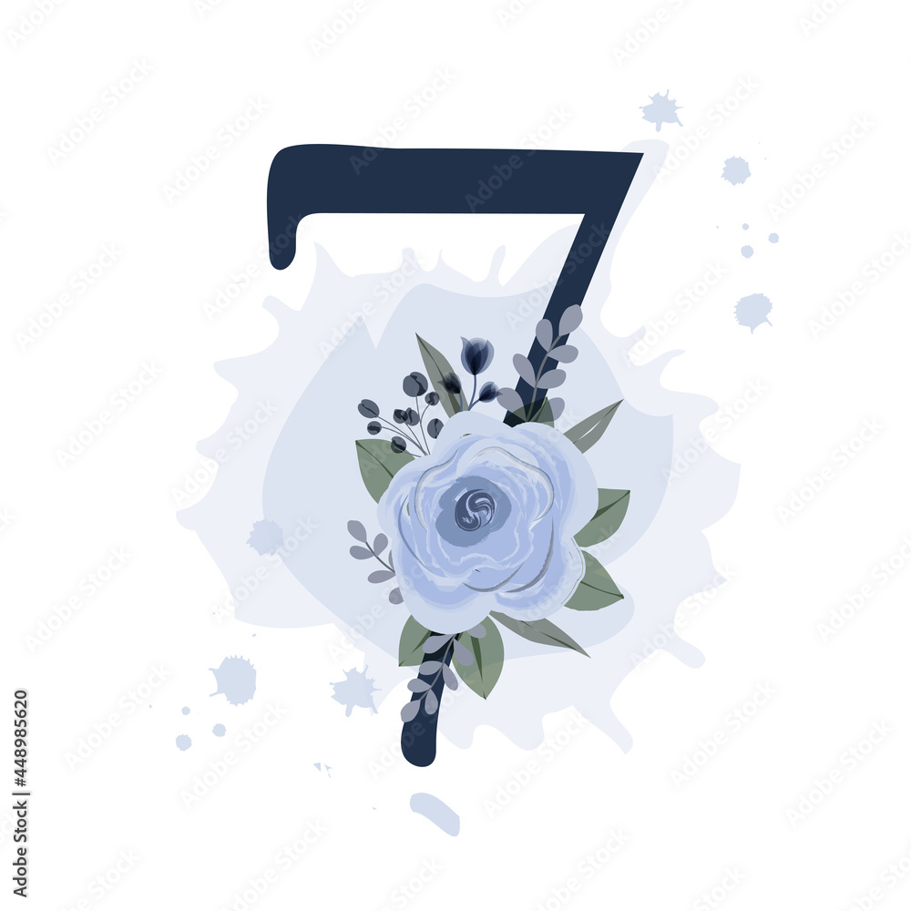 Number seven decorated royal blue rose with leaves and watercolor ...