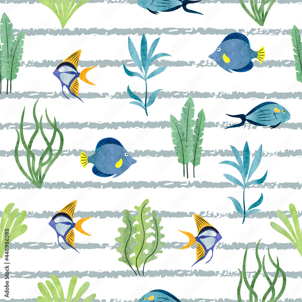 Seamless striped sea fish pattern. Underwater background with hand ...
